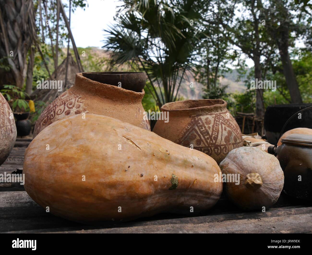Close up of beautiful hand-made cooking pots and gourds in islolated ...