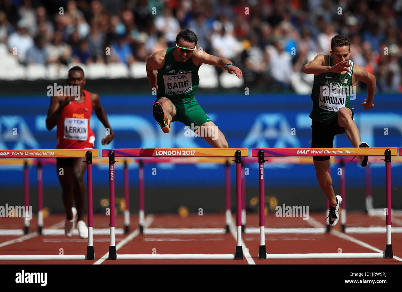 Ireland's Thomas Barr (centre) during the Men's 400m Hurdle heat two ...