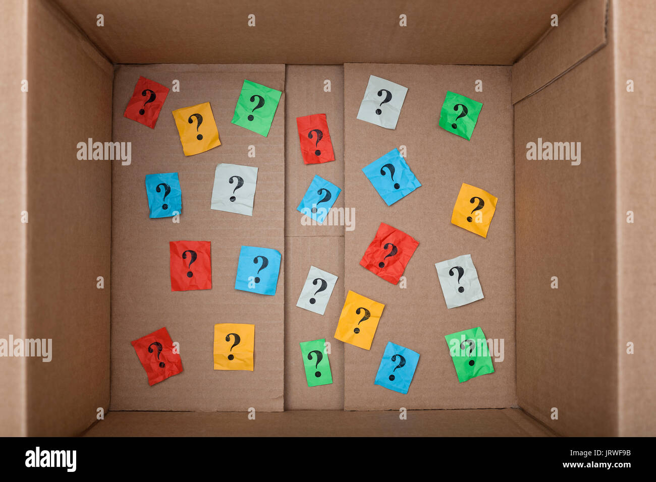 Question marks inside of a cardboard box. Close up Stock Photo - Alamy