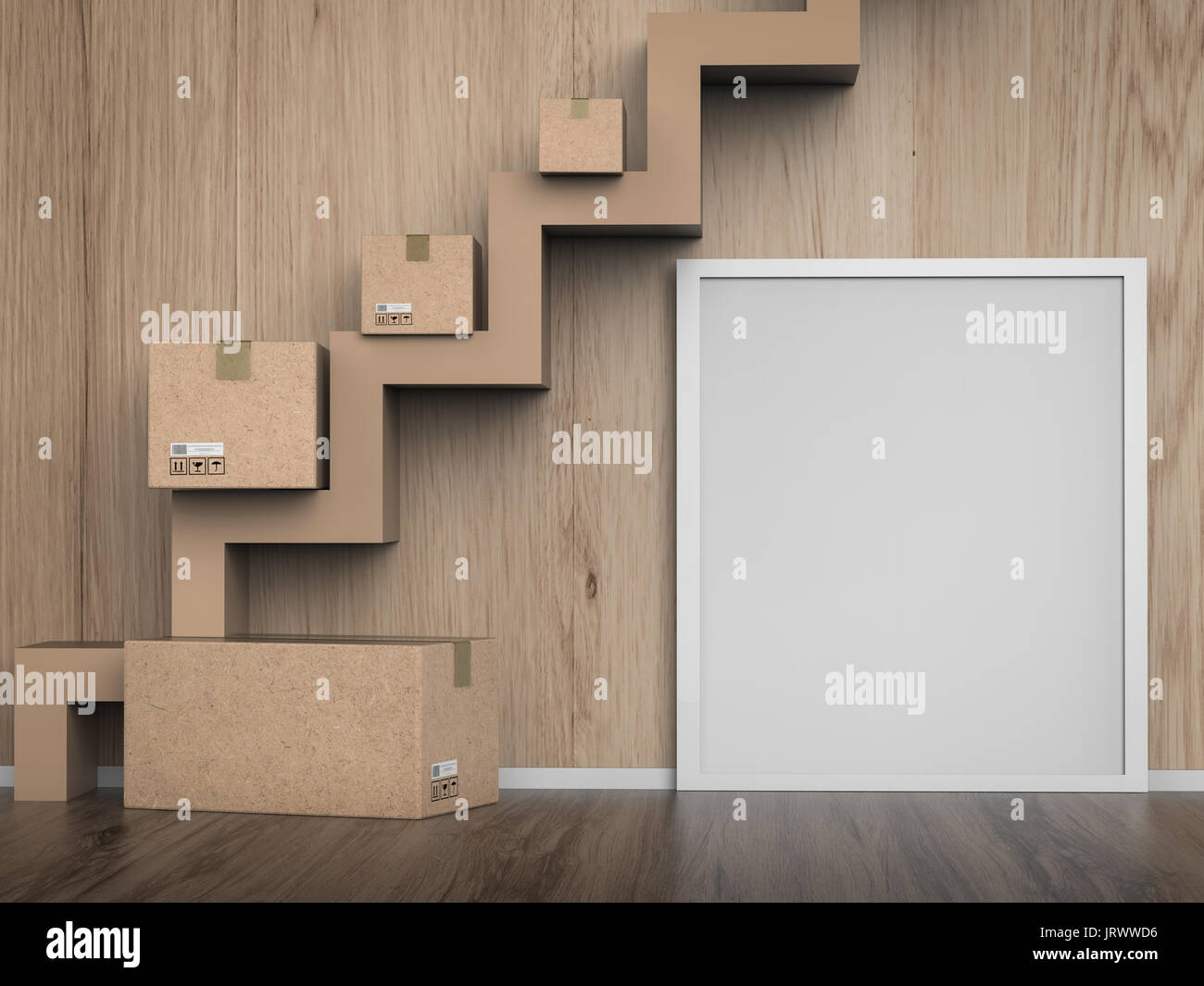 blank white frame hanging on wall with carton box Stock Photo - Alamy