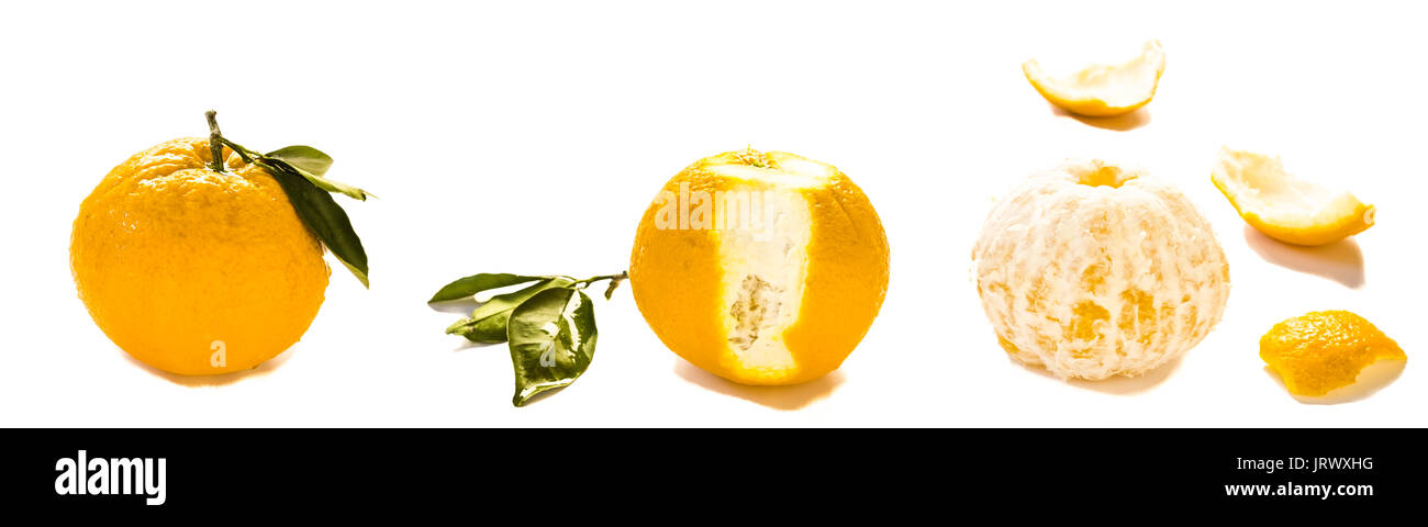 Orange with leaf unpeeld and peeled white isolated Stock Photo - Alamy