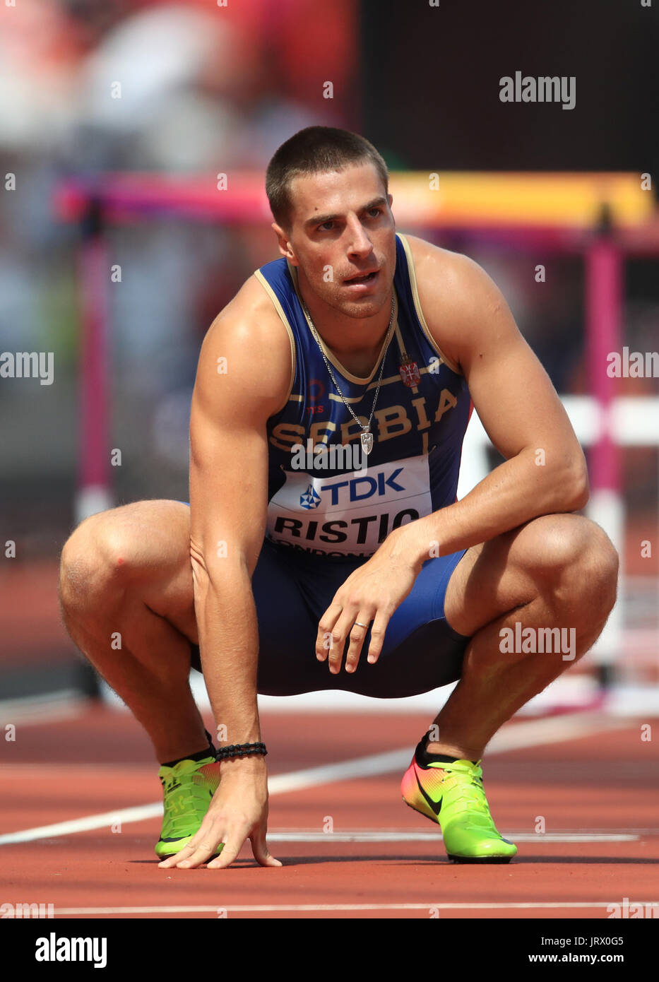 Serbia's Milan Ristic reacts after the Men's 110m Hurdles heat five ...