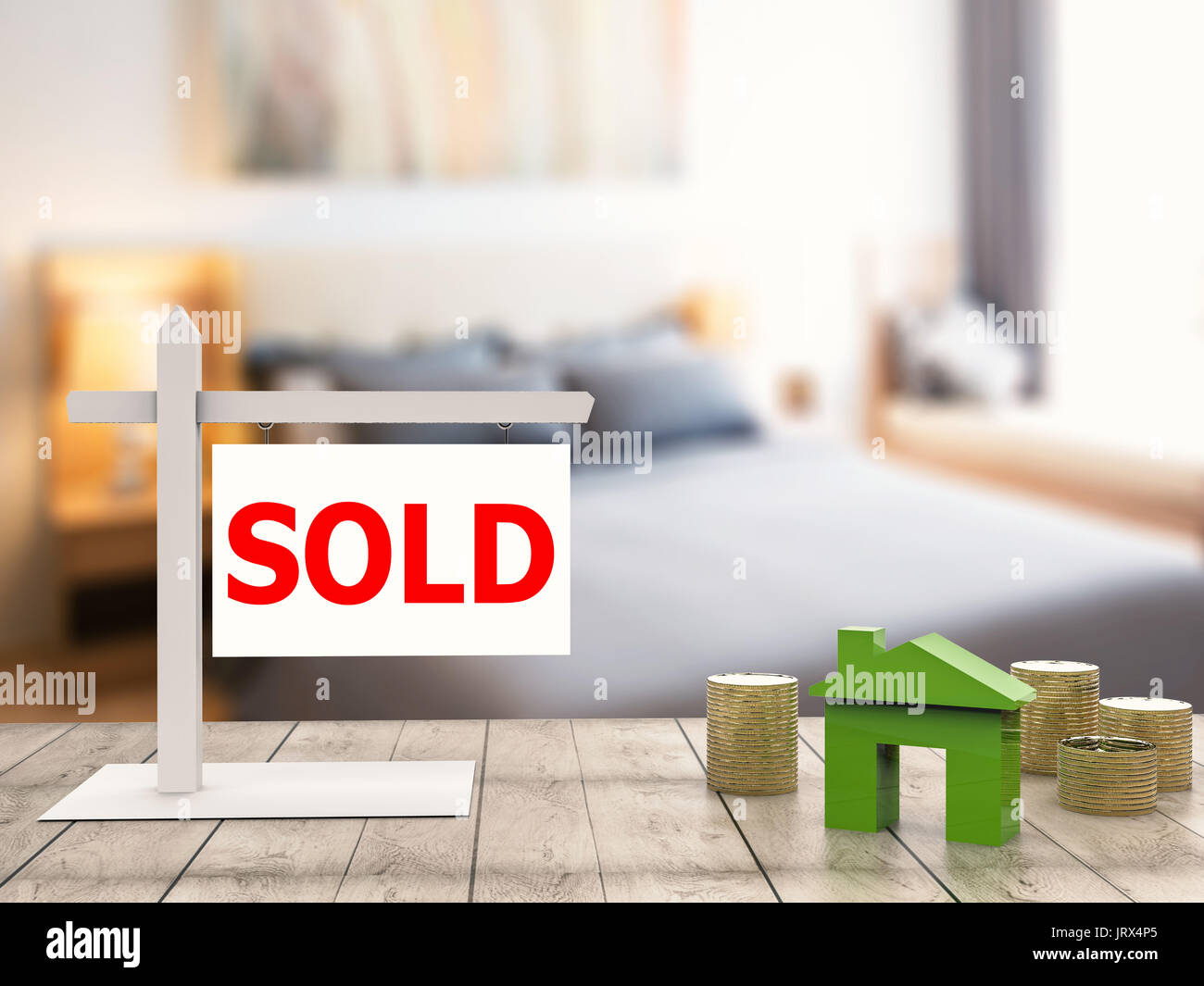 sold house sign with mock up house and gold coins Stock Photo - Alamy