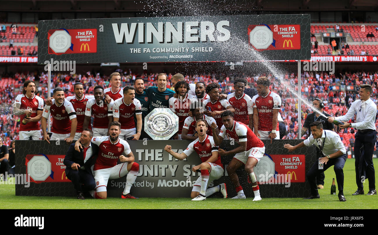Arsenal celebrate winning the Community Shield at Wembley, London Stock ...