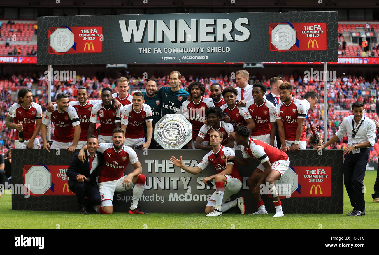 Arsenal celebrate winning the Community Shield at Wembley, London Stock ...