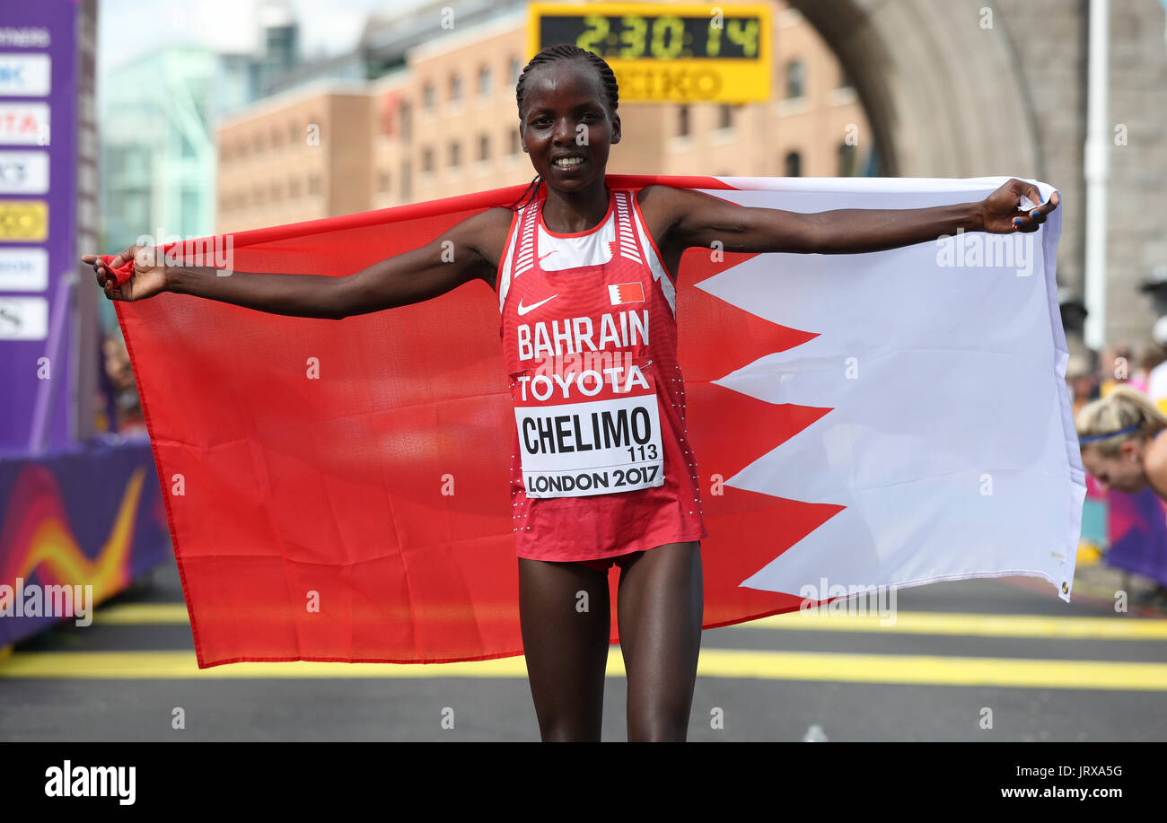 Bahrain's Rose Chelimo celebratea winning gold in the Women's Marathon ...
