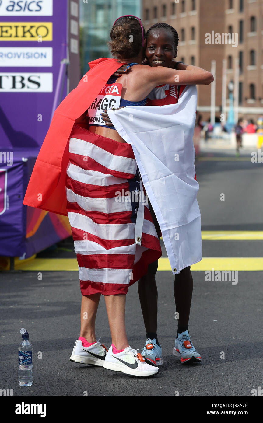 USA's Amy Cragg celebrates winning bronze with gold winner Rose Chelimo ...