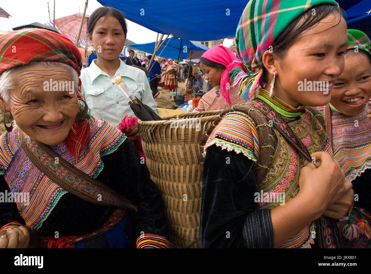 Bac Ha market. Flower Hmong people in traditional dress at weekly ...