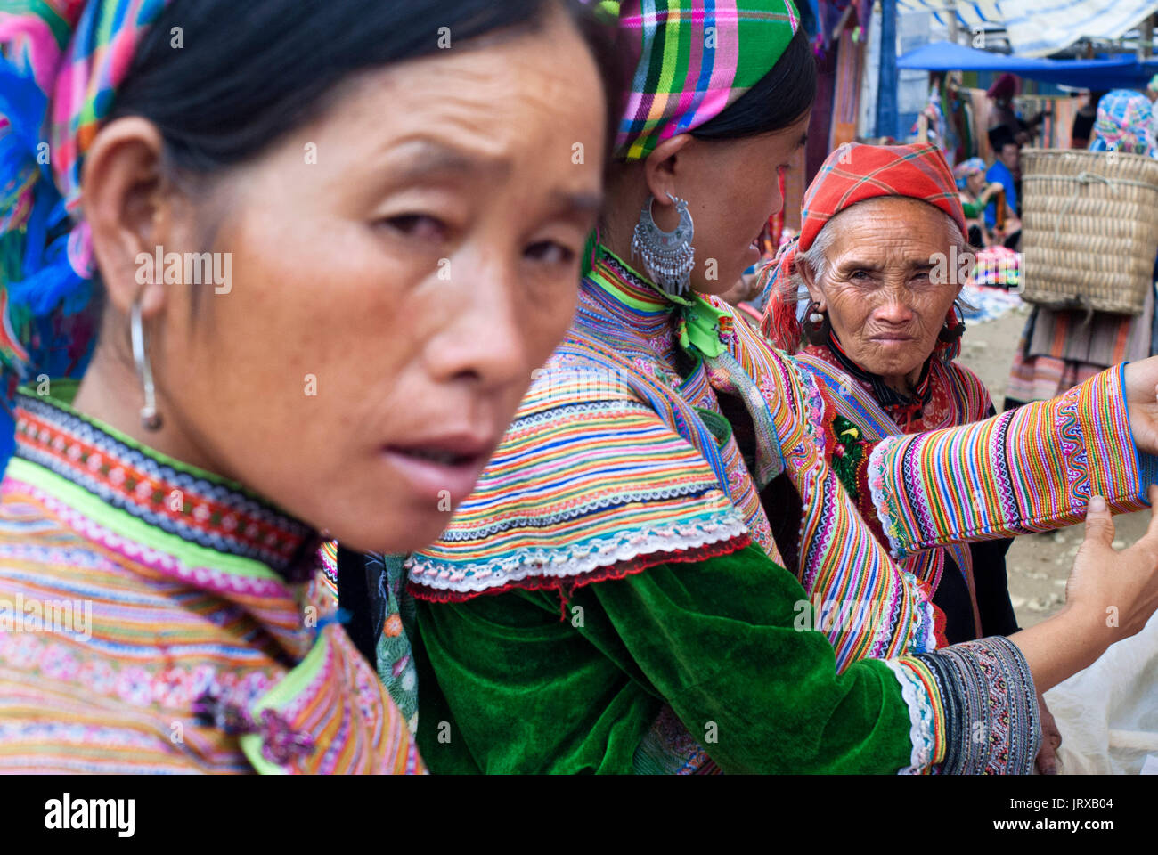 Bac Ha market. Flower Hmong people in traditional dress at weekly ...