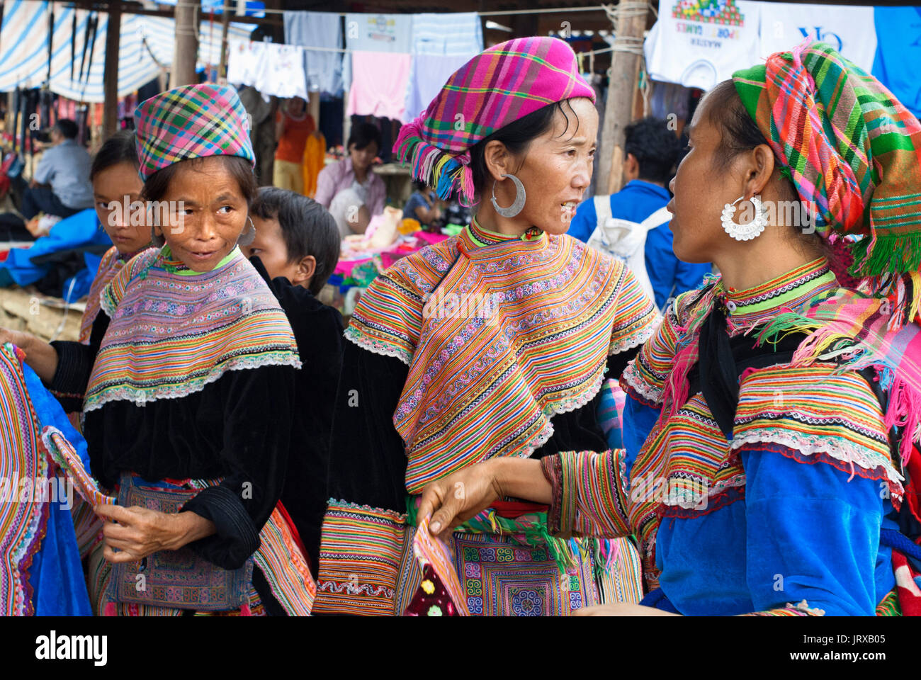 Bac Ha market. Flower Hmong people in traditional dress at weekly ...