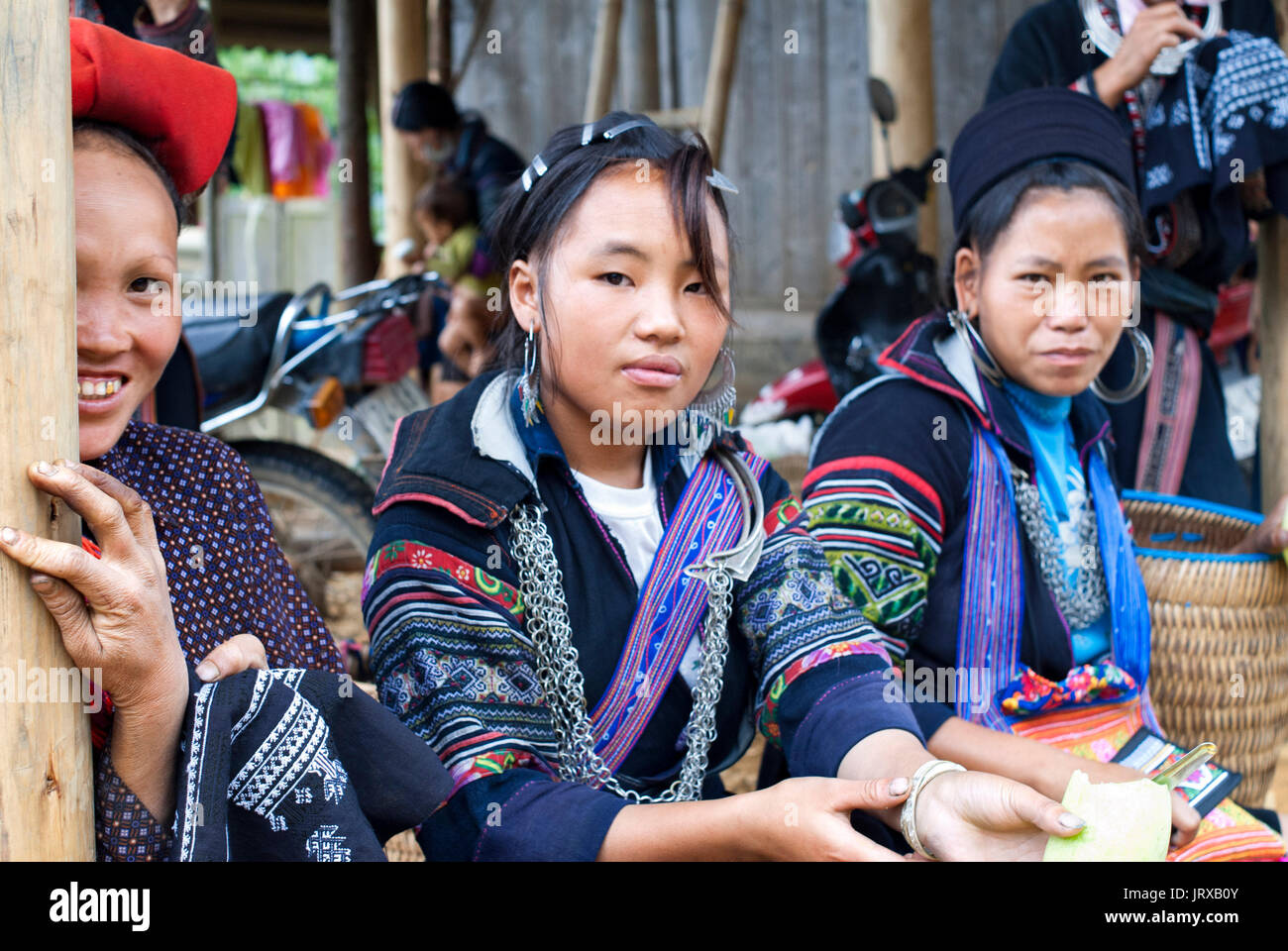 Bac Ha market. Flower black and red dao Hmong people in traditional ...