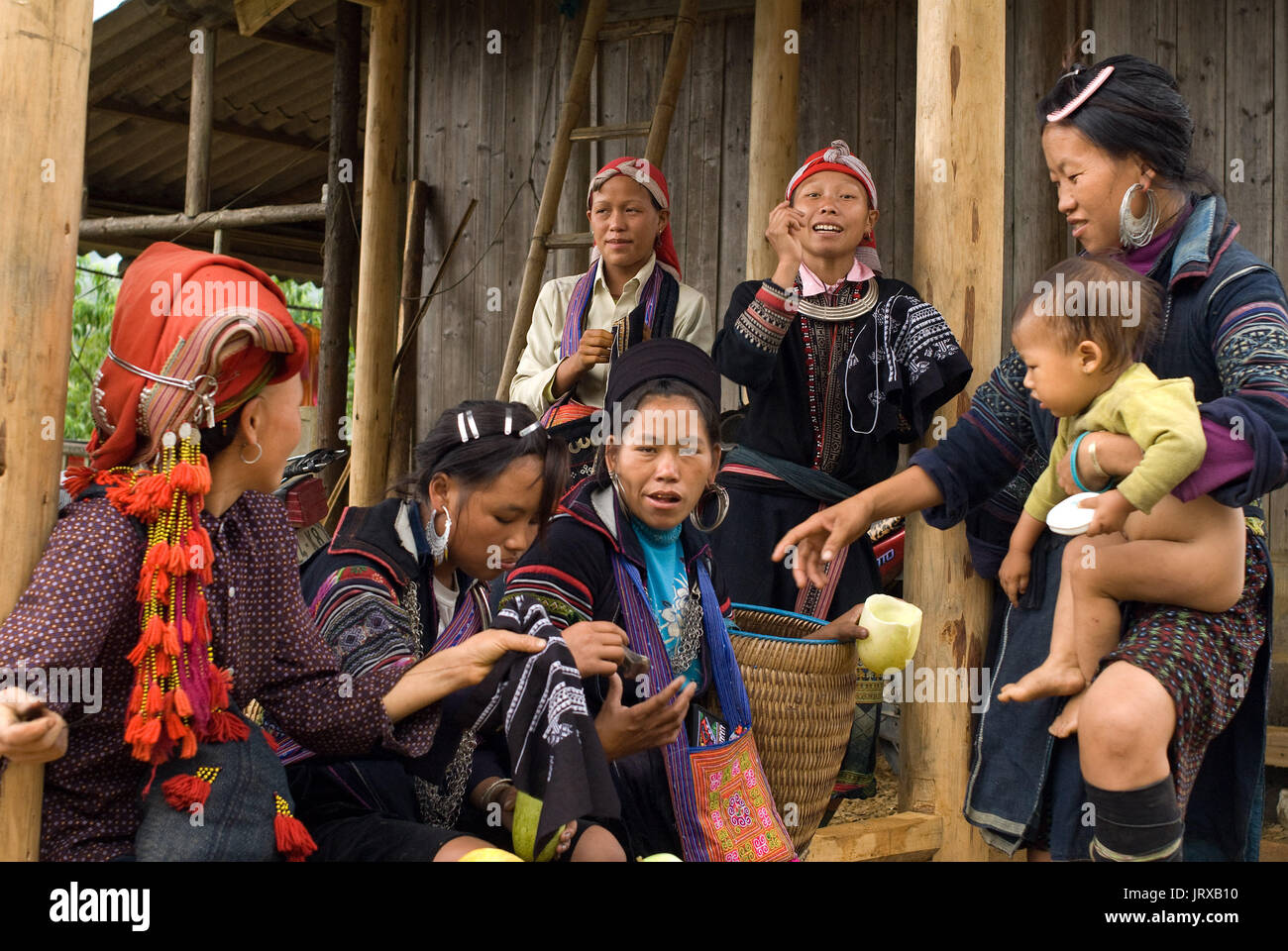 Bac Ha market. Flower black and red dao Hmong people in traditional ...