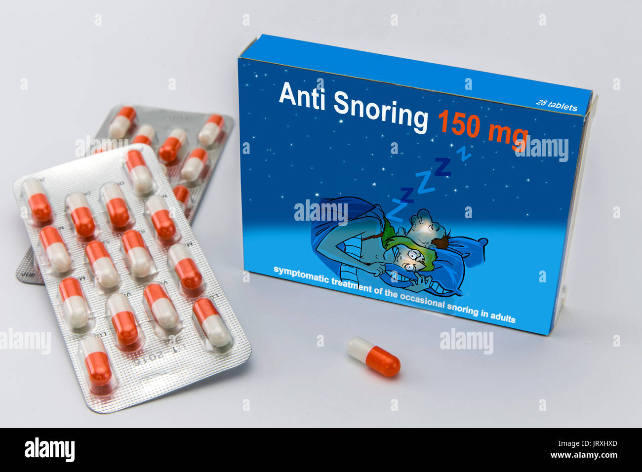 Open medicine packet labelled anti snoring opened at one end to display ...