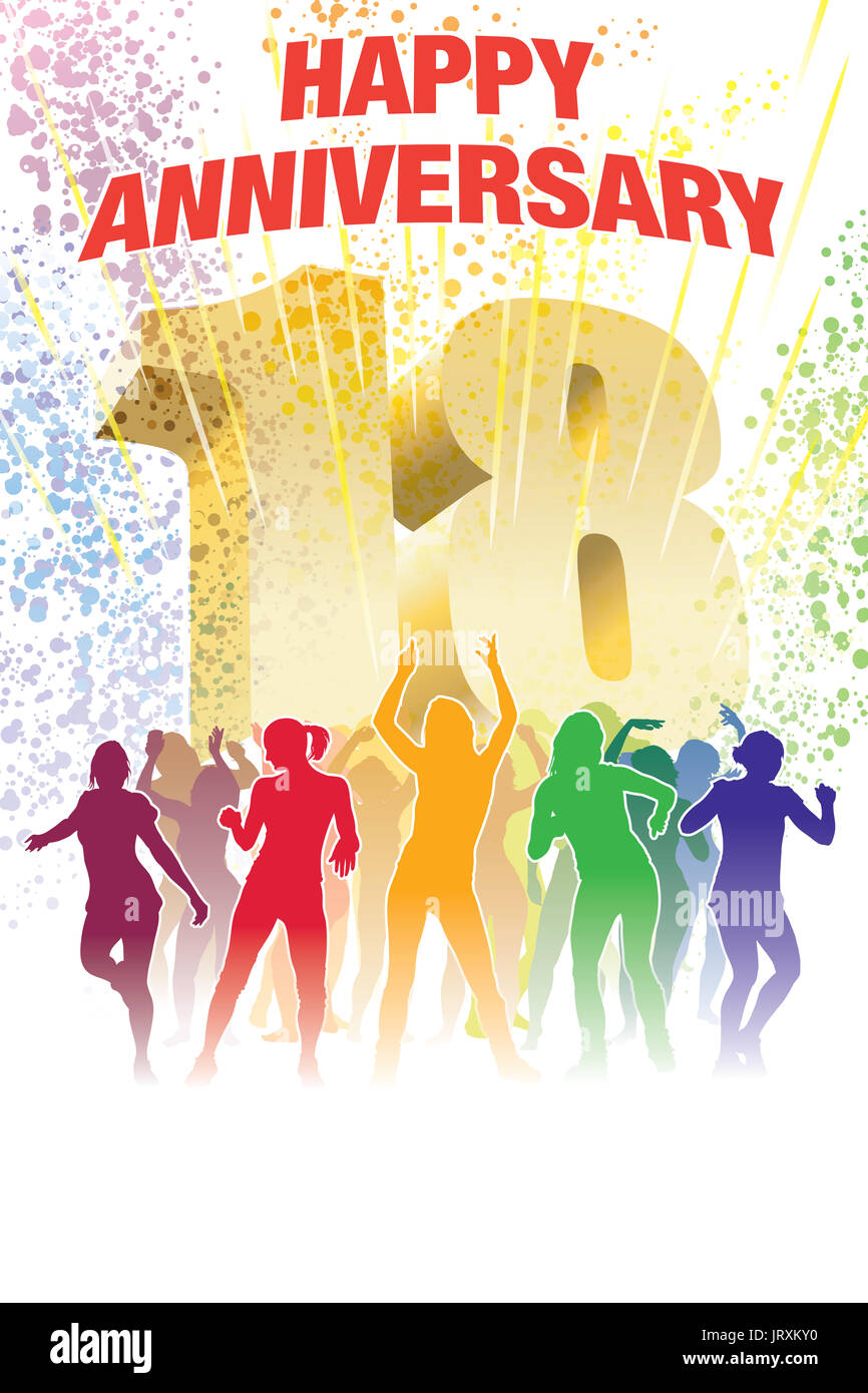 Colorful crowd of dancing people celebrating eighteenth anniversary ...