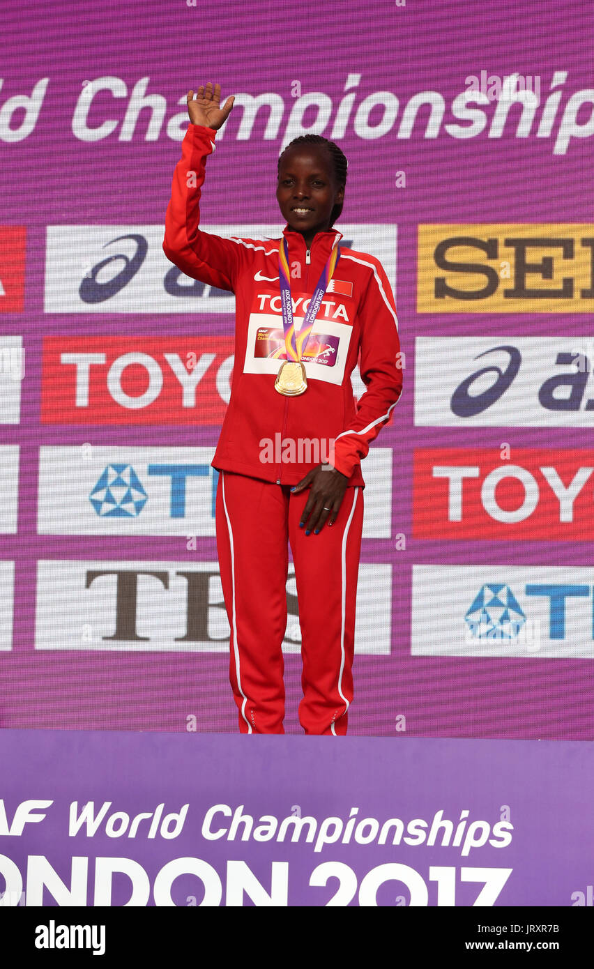 Bahrain's Rose Chelime with her gold medal in the Wome'n's marathon ...