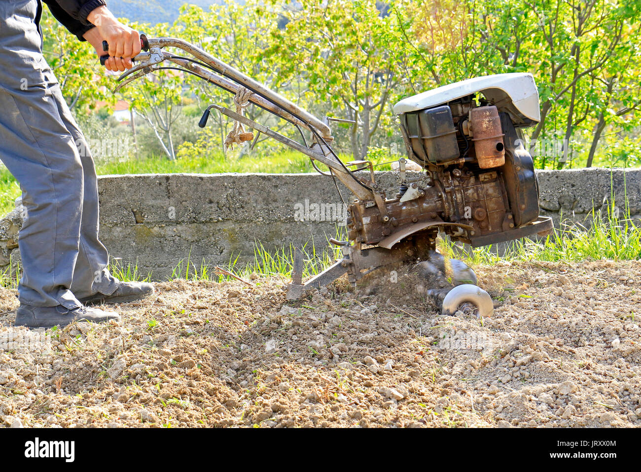 Farmer plowing the earth with motocultivator Stock Photo - Alamy