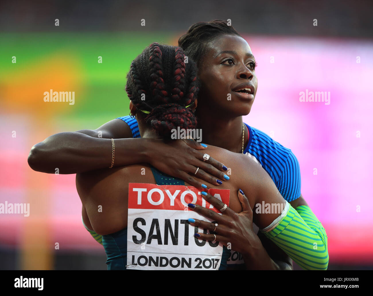 Great Britain's Desiree Henry embraces Brazil's Rosangela Sanchez after ...