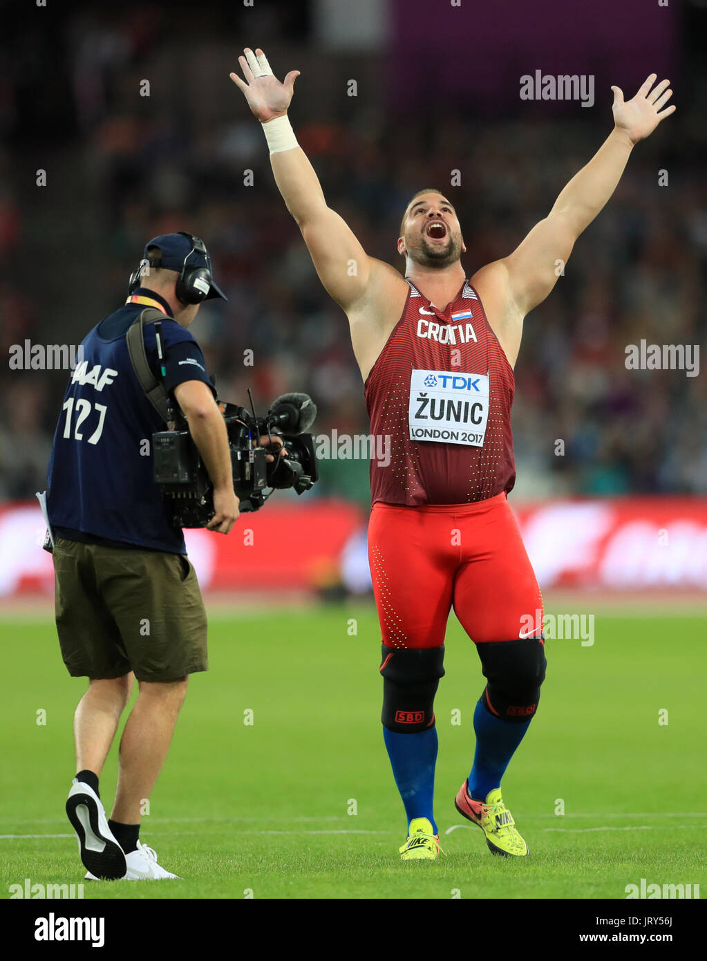 Croatia's Stipe Zunic celebrates finishing third in the men's shot put ...