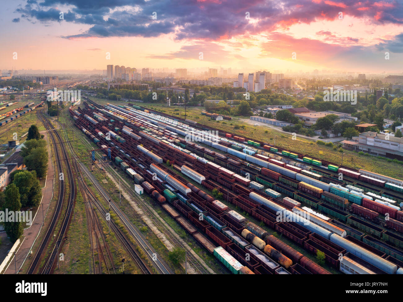 Aerial view of colorful freight trains. Railway station. Cargo trains ...