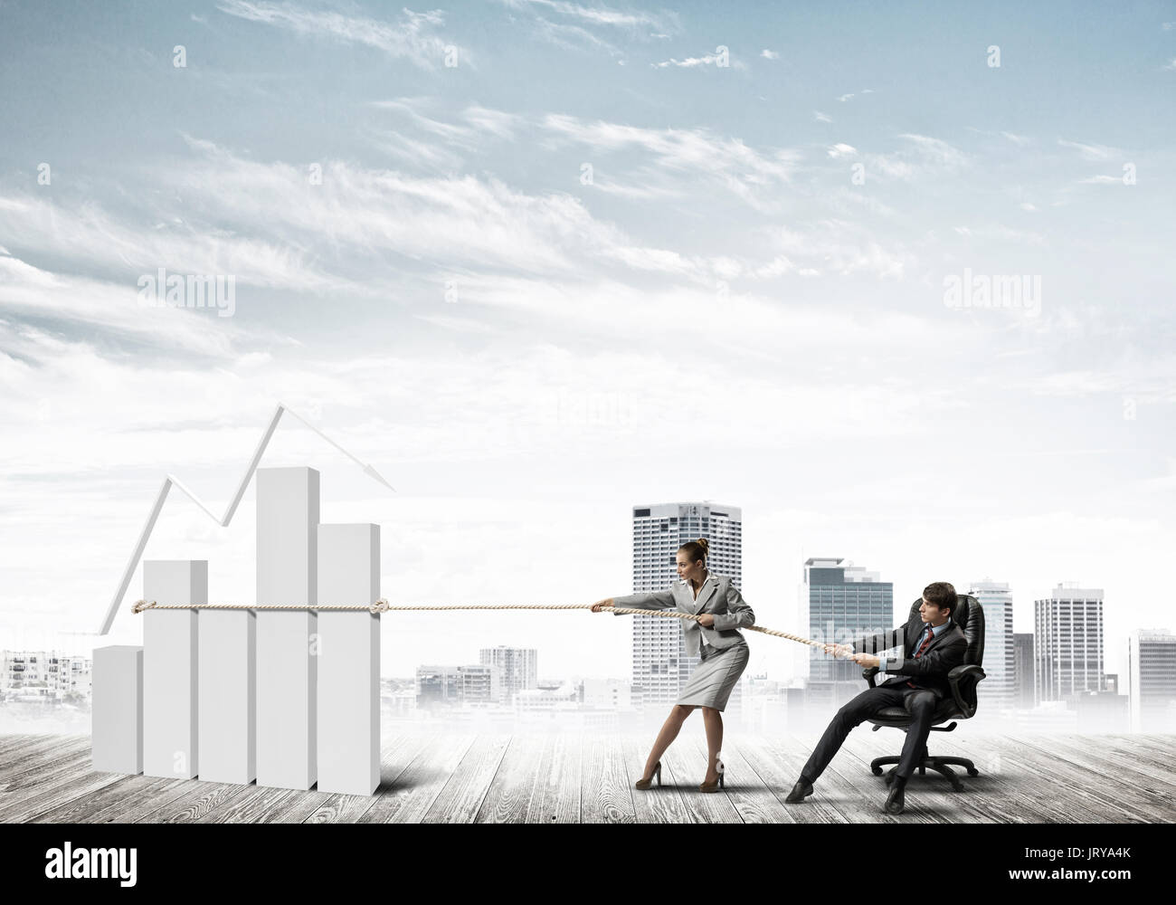 Businesspeople pulling graph with rope as symbol of power and control ...