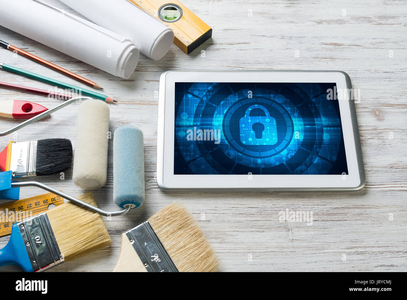Web security and technology concept with tablet pc on wooden table ...
