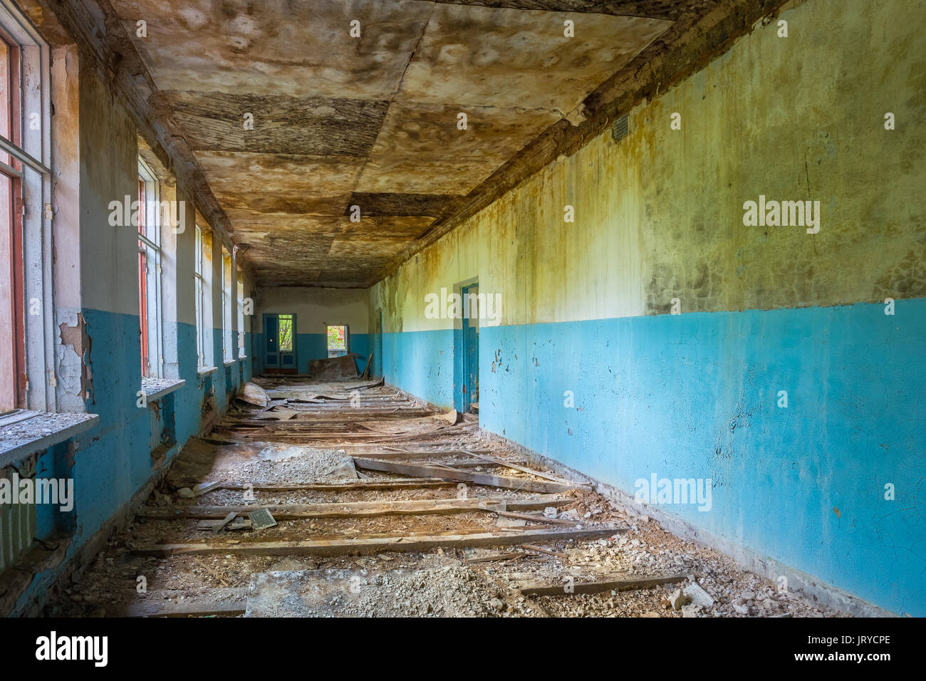 The Ruined Long Corridor Of Abandoned School After Chernobyl Disaster ...