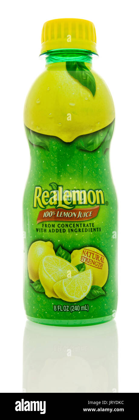 Winneconne, WI - 2 August 2017: A small bottle of RealLemon juice on an ...