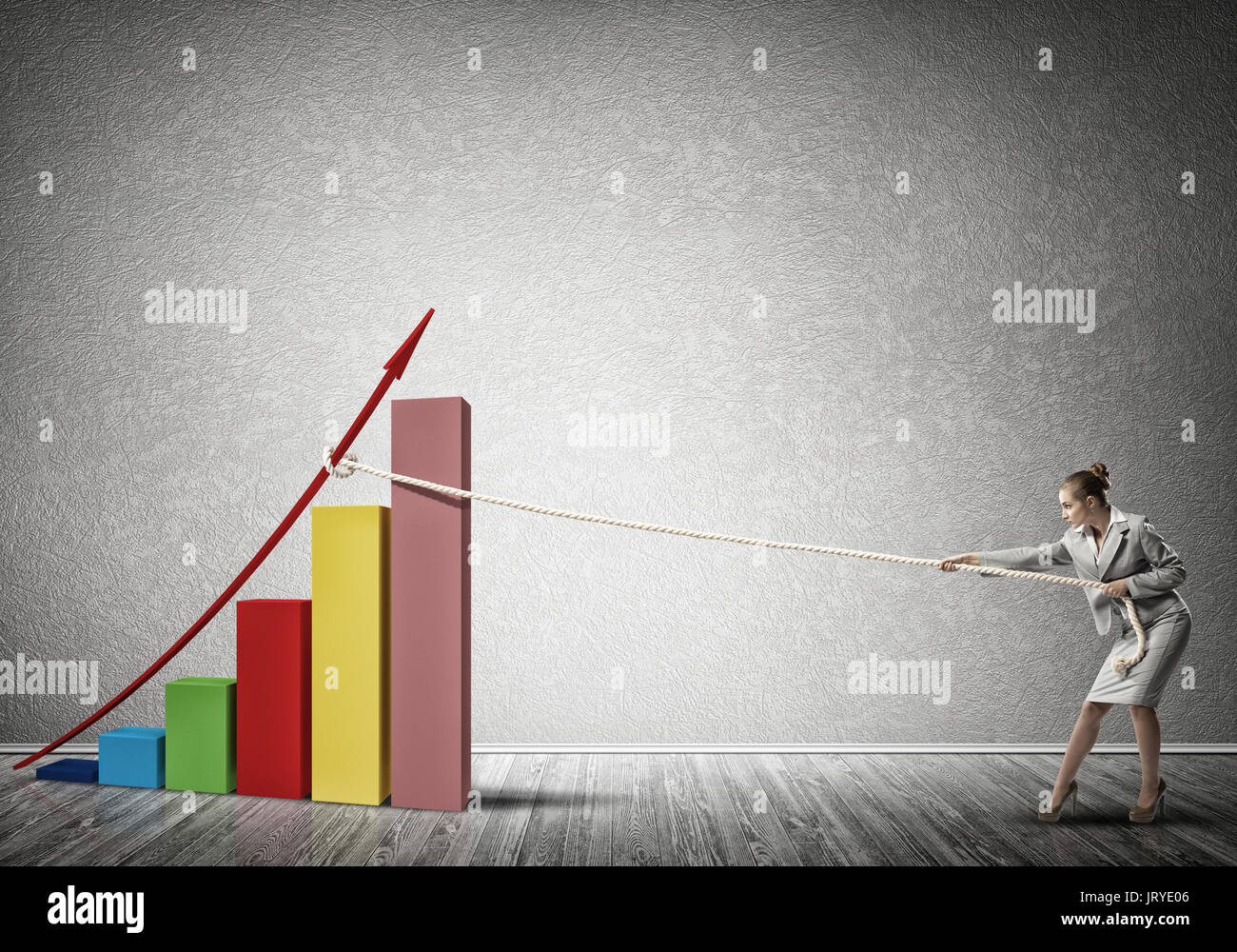 Businesswoman pulling graph with rope as symbol of power and control ...