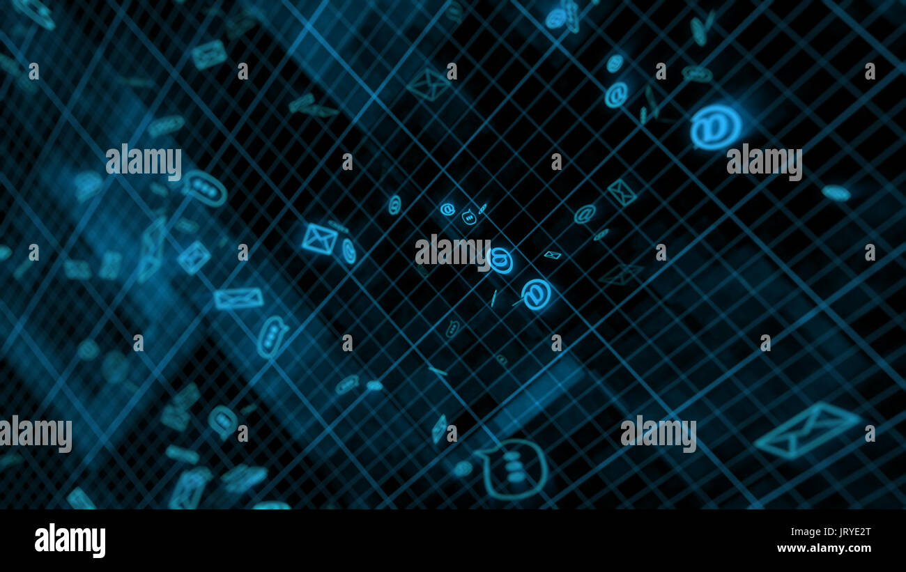 Futuristic 3D illustration of the dark blue cyberspace covered with ...