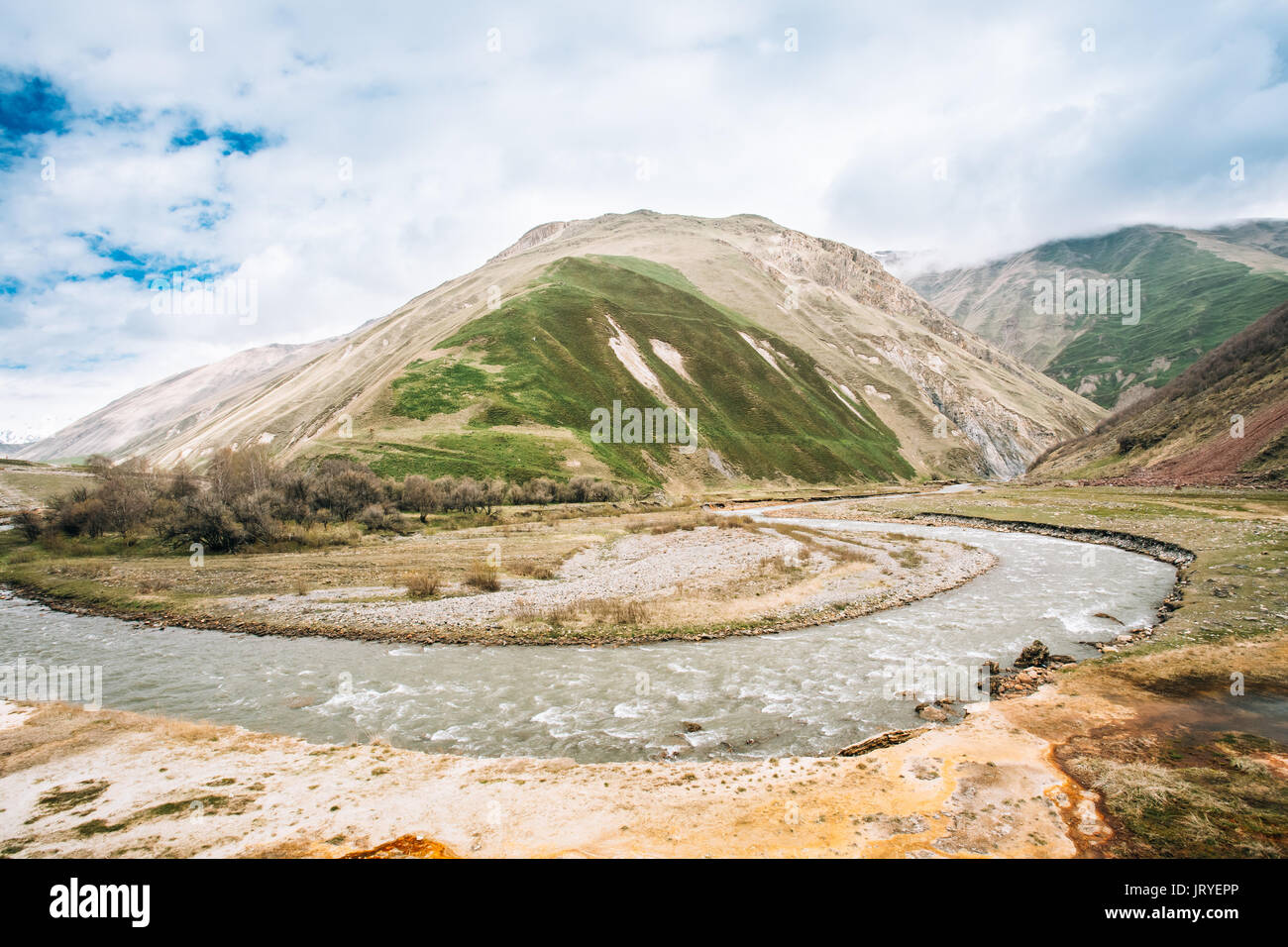 Terek River Flows Through Georgia And Russia Into Caspian Sea. Spring ...