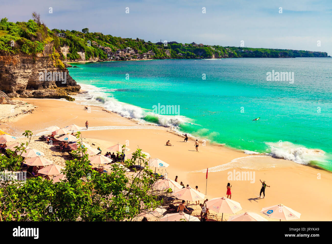 Bali seascape with huge waves at beautiful hidden white sand beach ...