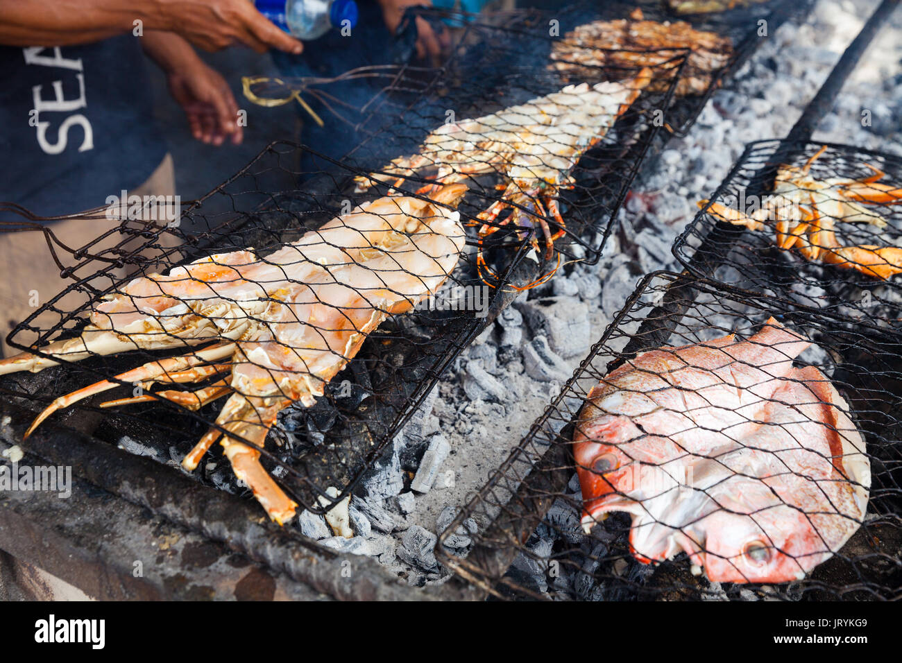Grilled fresh seafood: parrot fish, octopus, shrimp food background ...