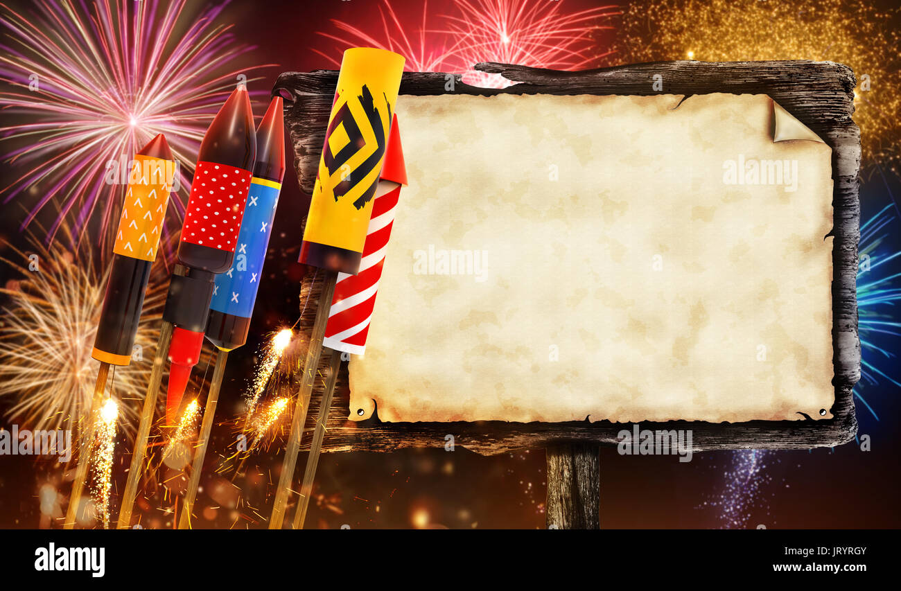 Group view of fireworks rockets launching into the sky. Wooden blank ...