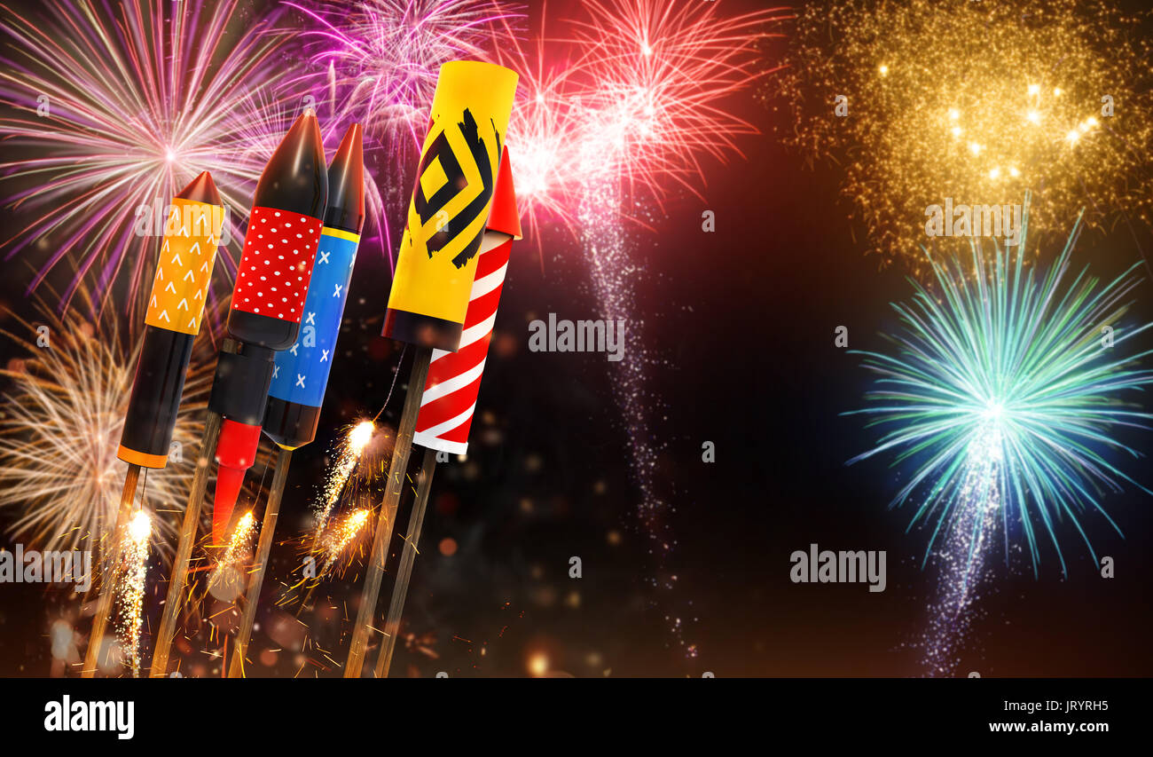 Group view of fireworks rockets launching into the sky, free space for ...