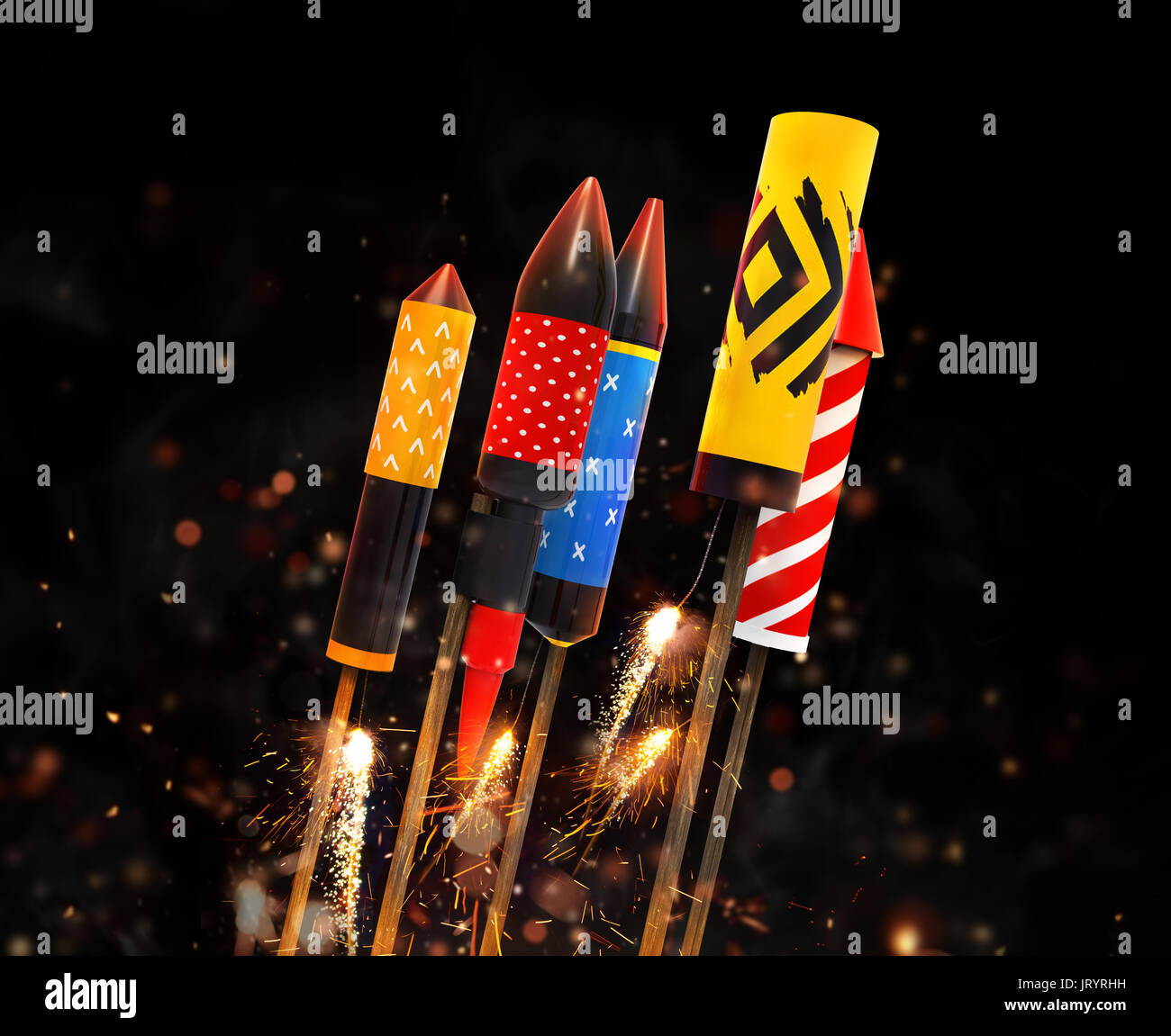 Group of fireworks rockets launching, isolated on black background ...