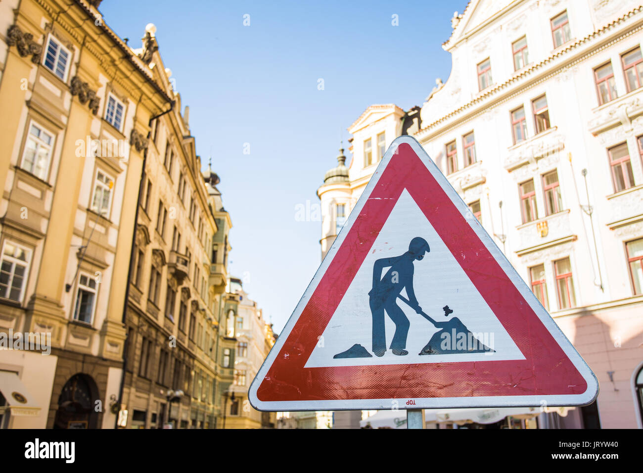 Digging sign. Works ahead warning sign on a road Stock Photo - Alamy
