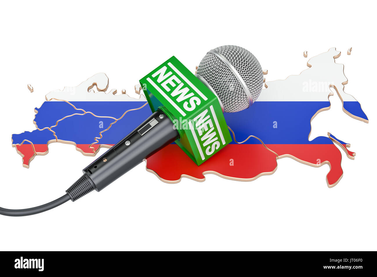 Russian News concept, microphone news on the map of Russia. 3D ...