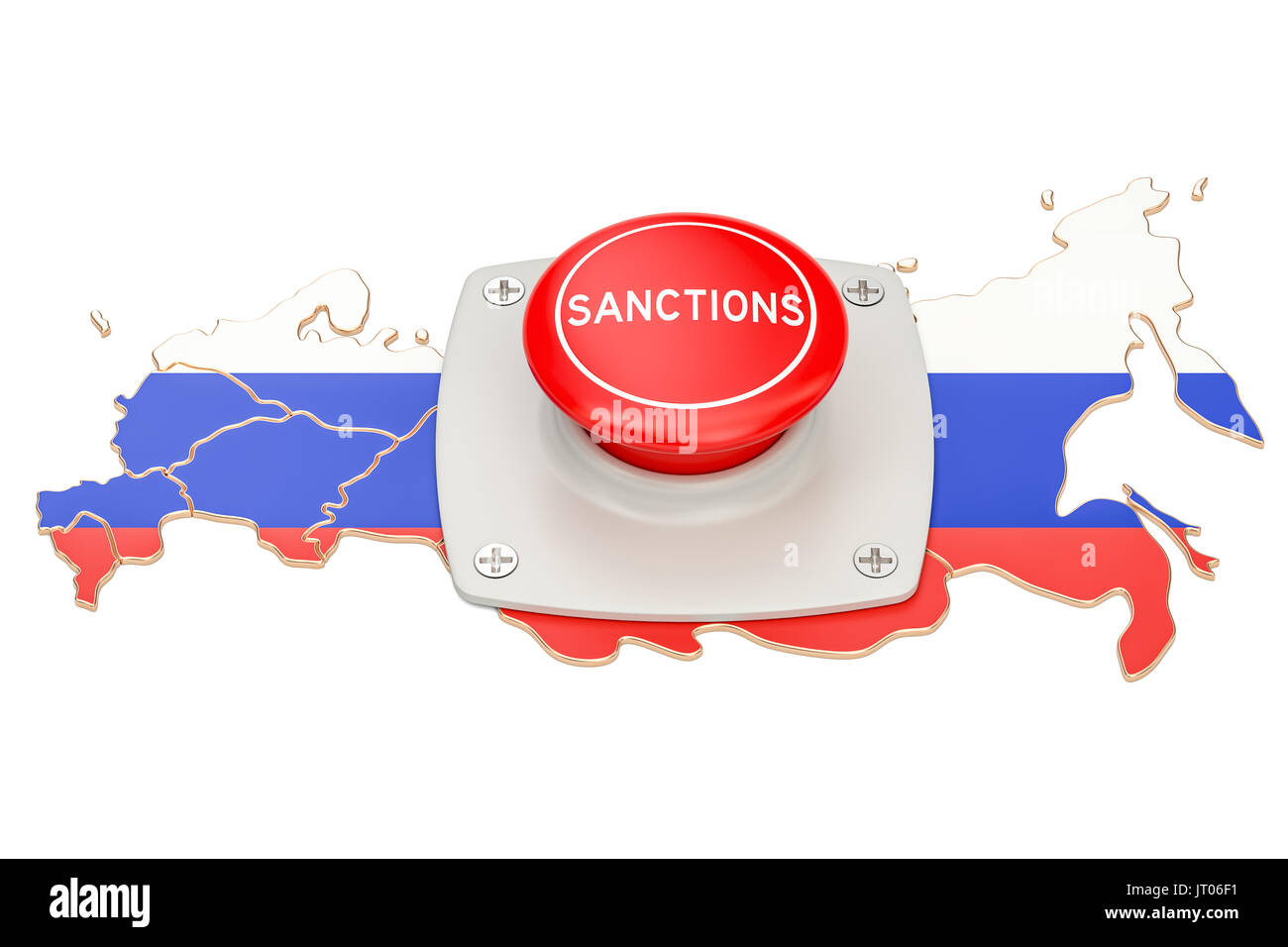 Sanctions button on map of Russia, 3D rendering isolated on white ...