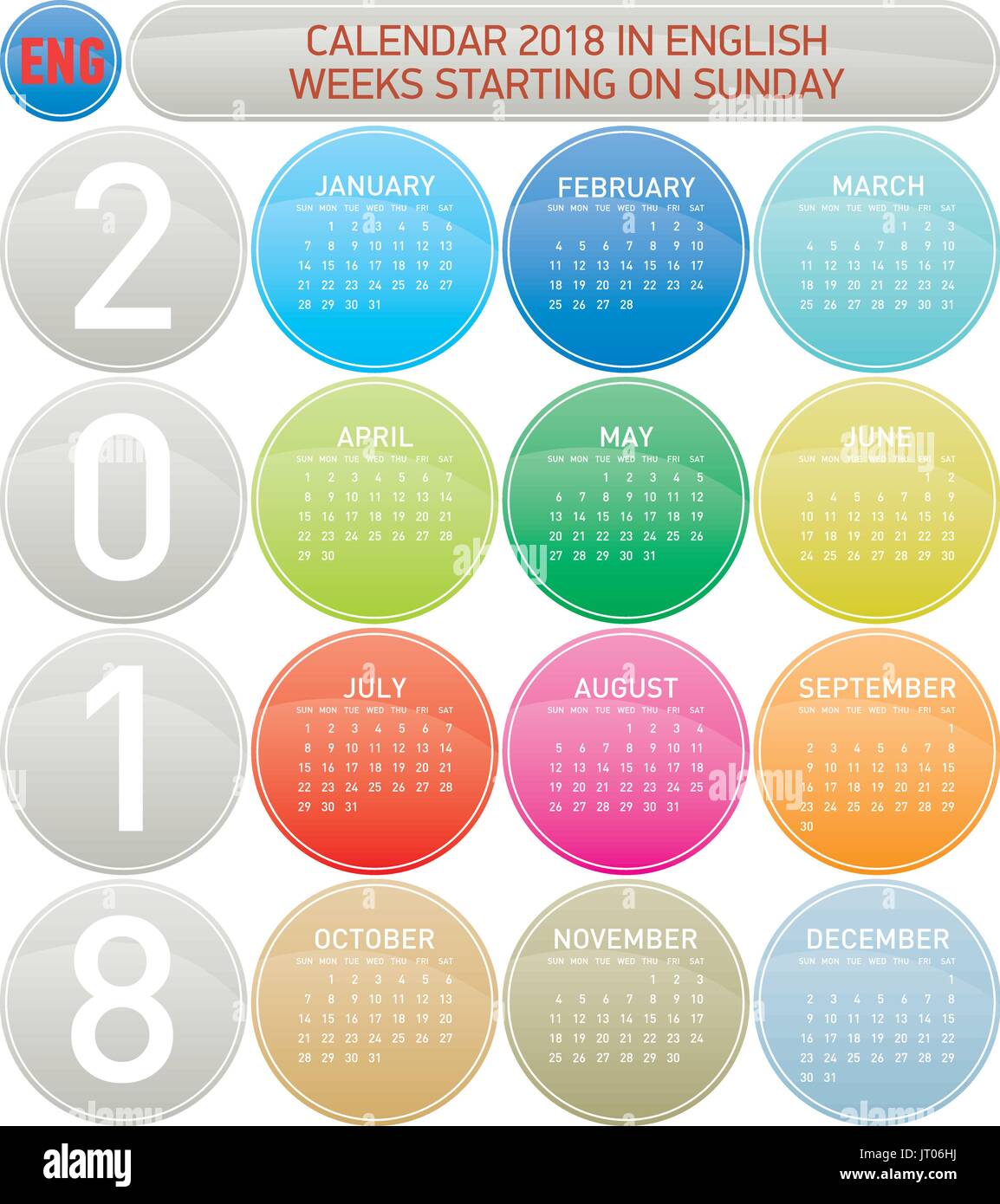 Colorful Calendar for Year 2018, in English. Week starts on Sunday ...