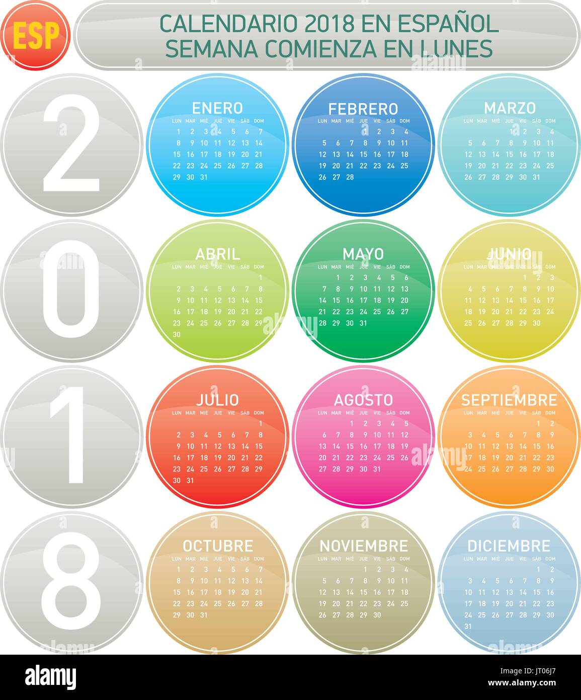 Colorful Calendar for Year 2018, in Spanish. Week starts on Monday ...