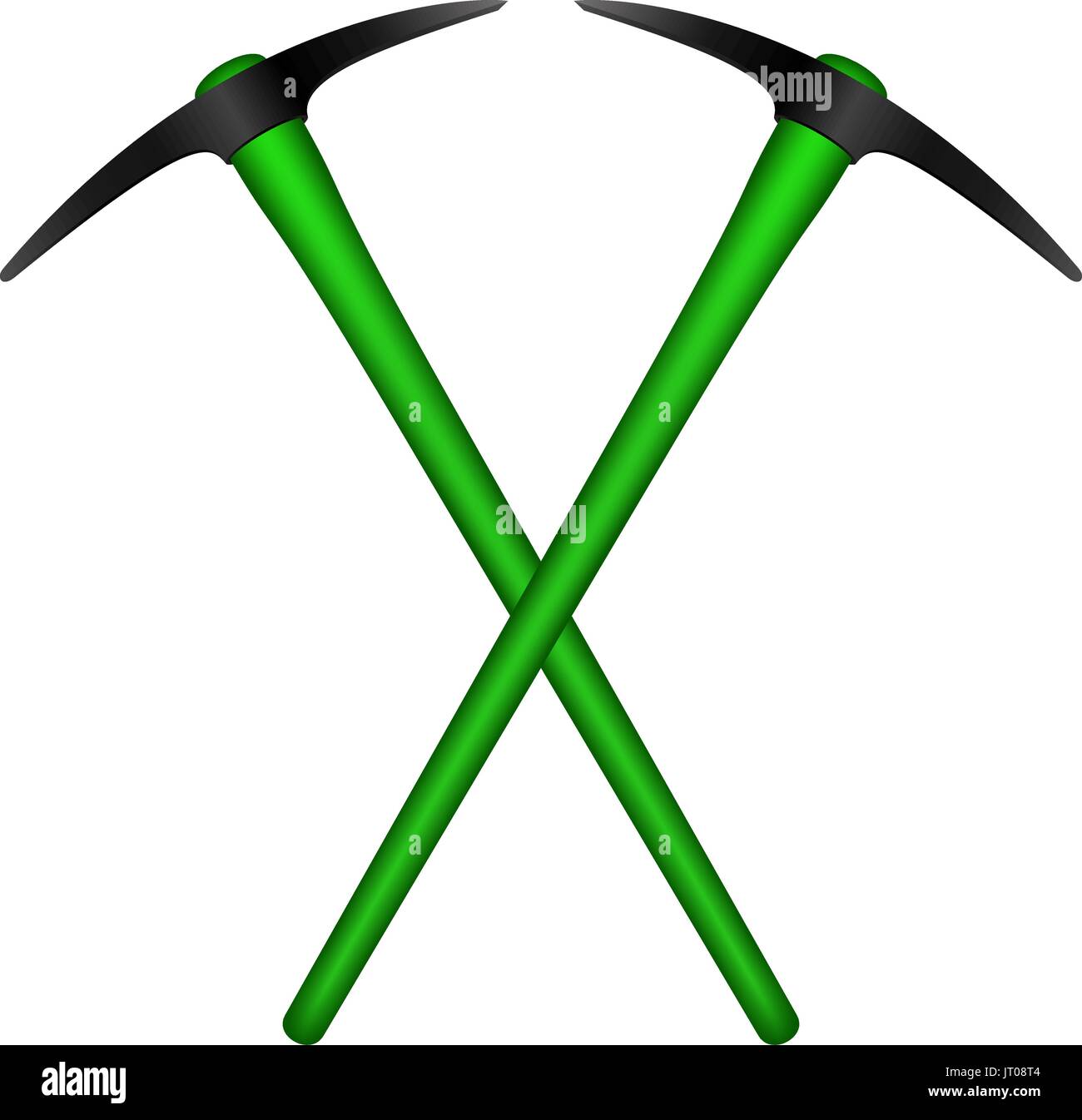 Two crossed mattocks in black design with green handle on white ...