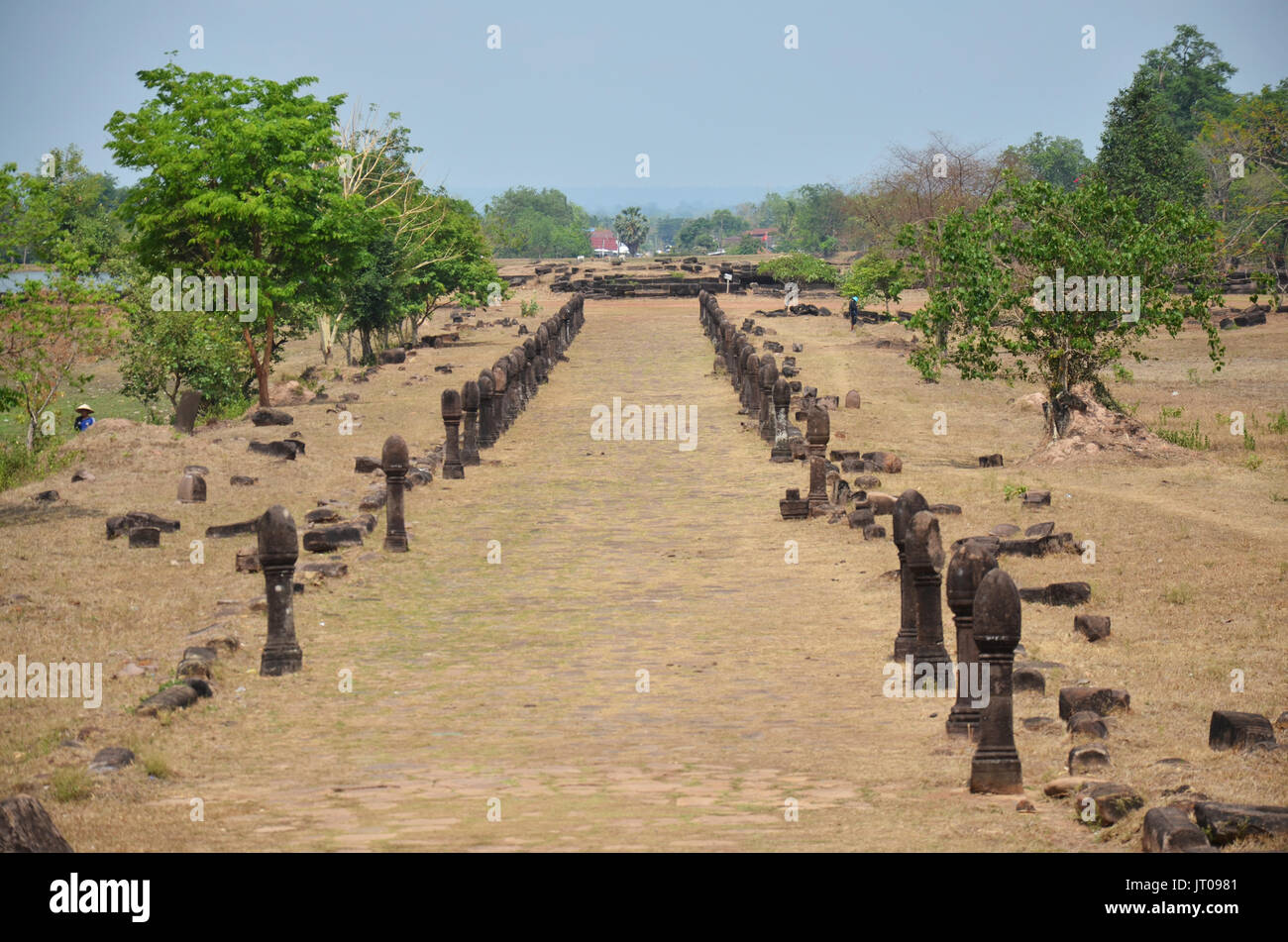 View landscape with walkway of archaeological site Wat Phu or Vat Phou ...