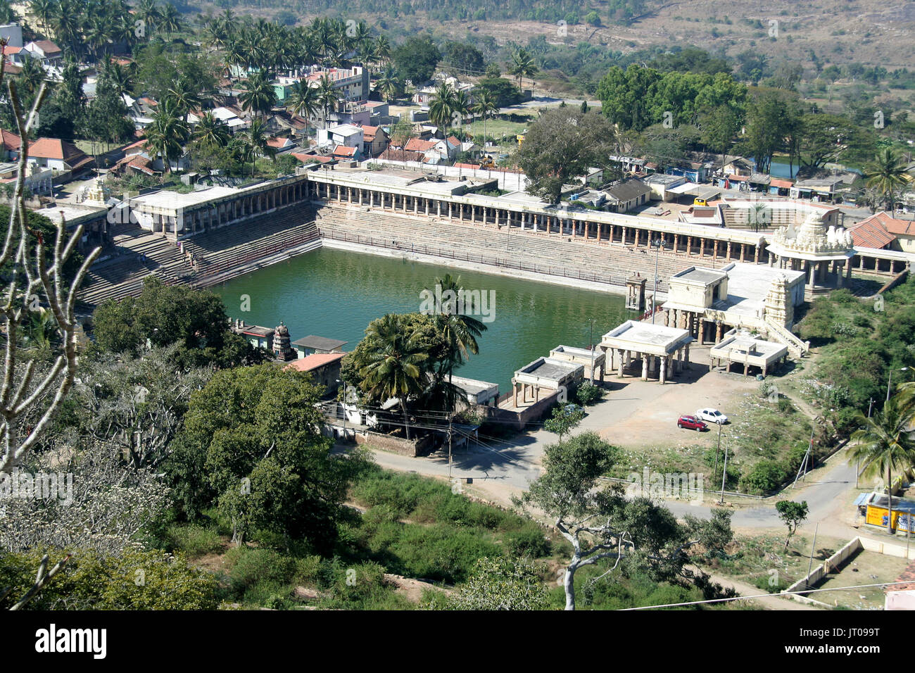 Aerial view of famous temple pond at pilgrimage center Melkote ...