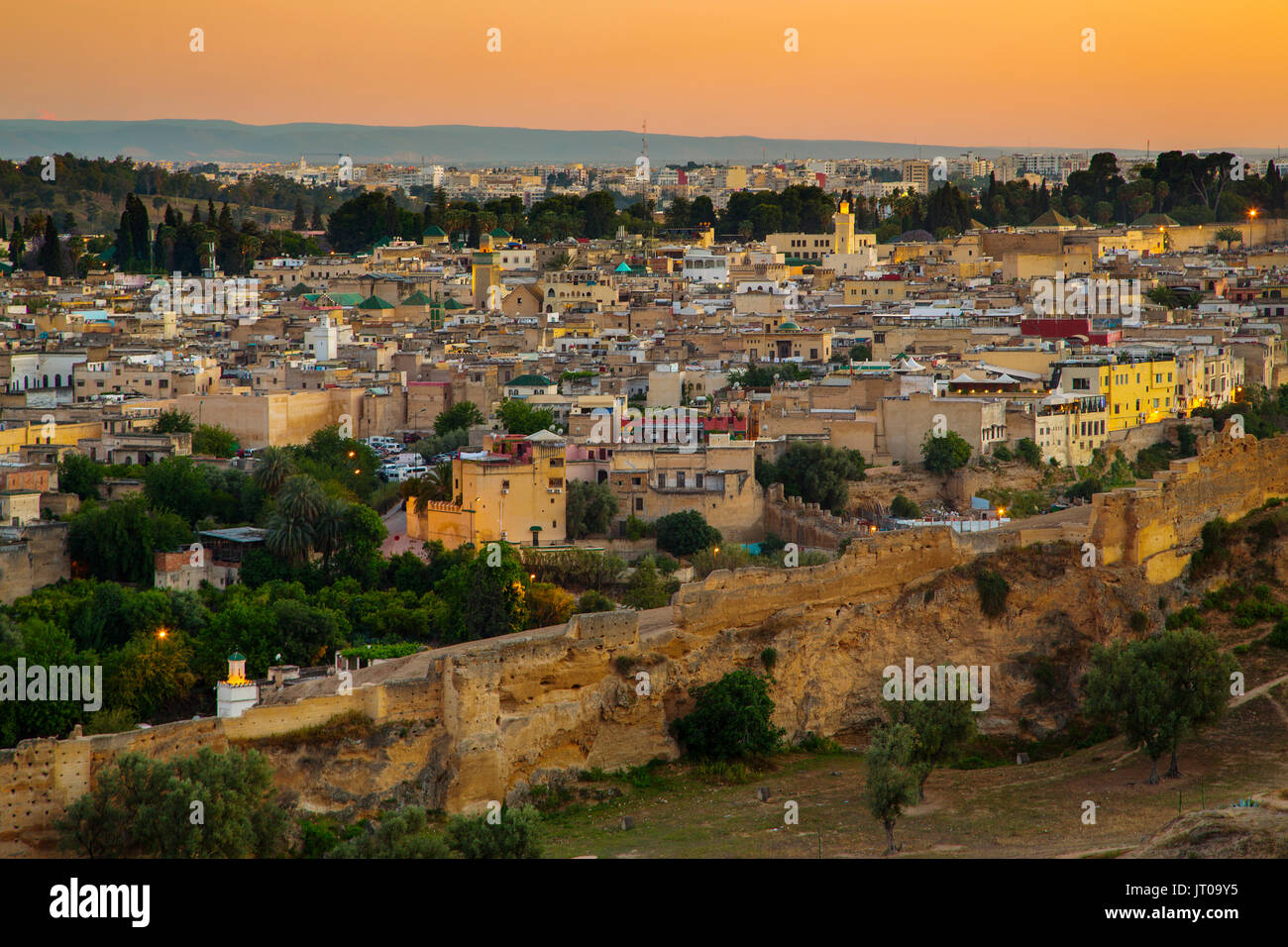 Dusk Landscape, panoramic view, Old city wall, Souk Medina of Fez, Fes ...