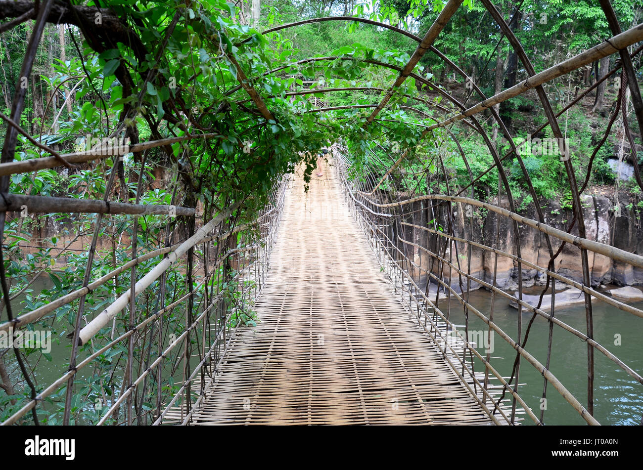 Suspension wooden and bamboo bridge for cross over stream river at Tad ...