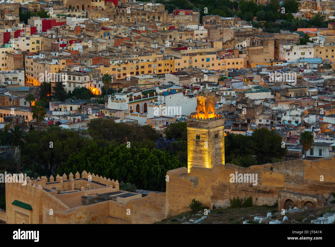 Dusk Landscape, panoramic view, Old city wall, Souk Medina of Fez, Fes ...