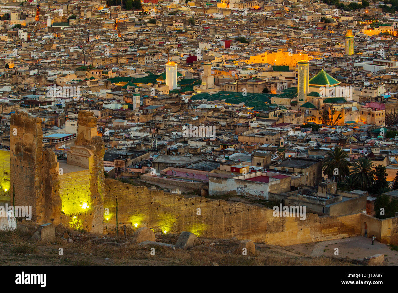 Dusk Landscape, panoramic view, Old city wall, Souk Medina of Fez, Fes ...