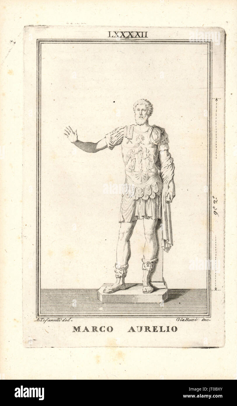 Statue of Roman Emperor Marcus Aurelius in military armour. Copperplate ...