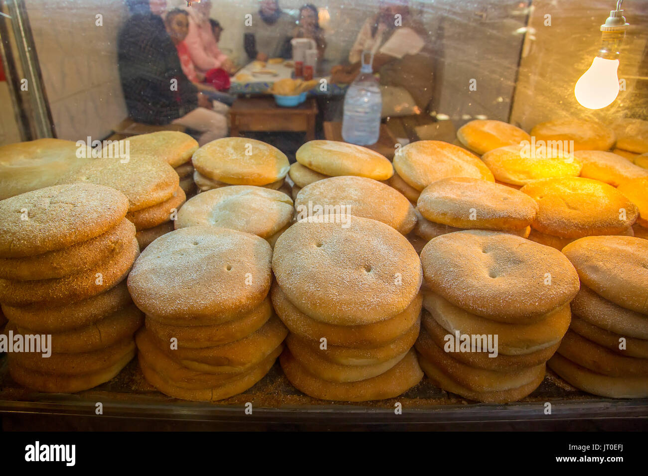 Sale of typical Moroccan bread. Souk Medina of Fez, Fes el Bali ...