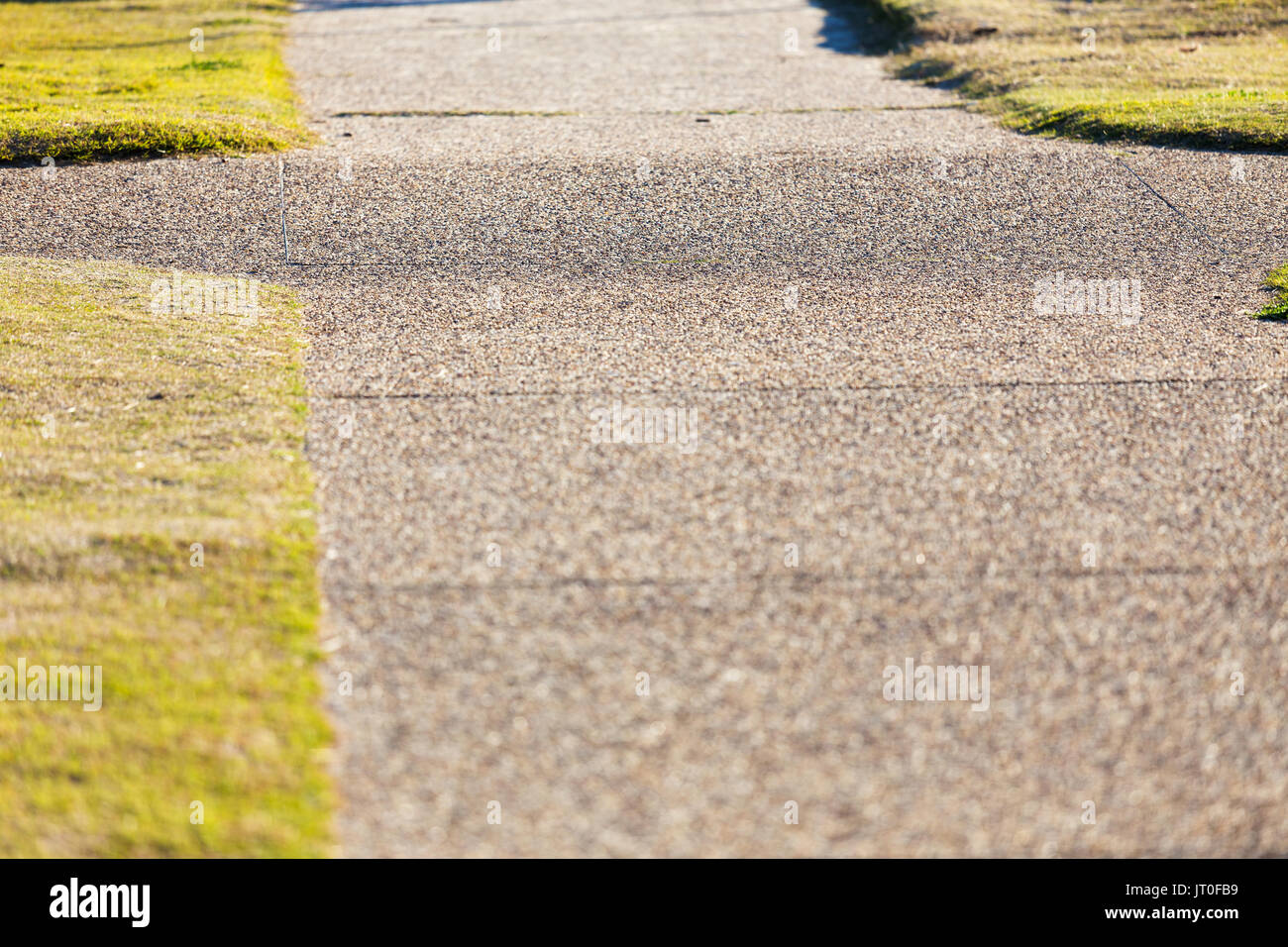 An empty concrete footpath, walkway intersection with green grass in a ...